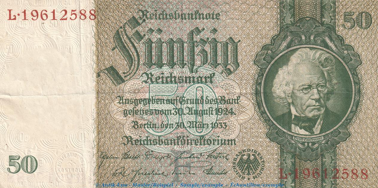 Großdeutsches Reich 1933 - 1945 50 Mark Schein, -F3- L bis p ...