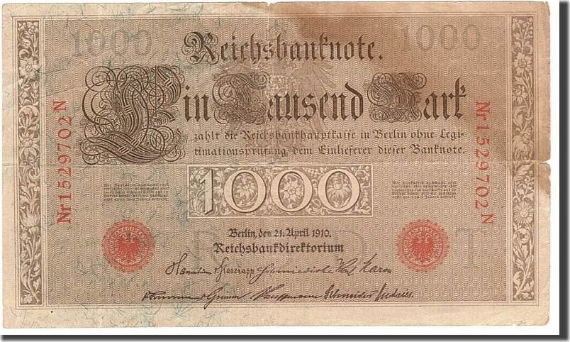 Germany 1000 Mark 1910 Banknote, 1910-04-21 VF(30-35) | MA-Shops