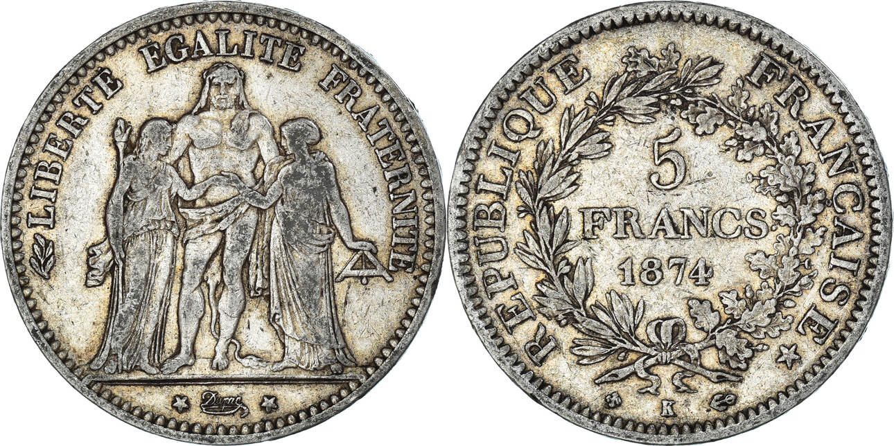 France 5 Francs 1874 K Coin, Hercule, Bordeaux, Silver, KM:820.2 VF(30-35) | MA-Shops