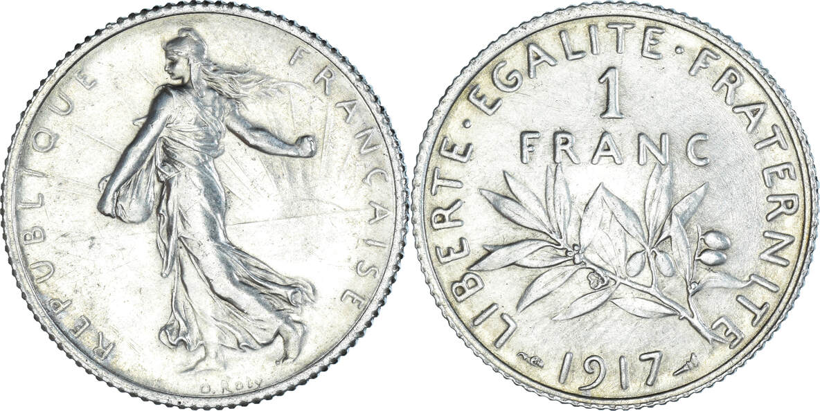 France Franc 1917 Paris Coin, Semeuse, Paris, Silver, KM:844.1 MS(60-62) | MA-Shops