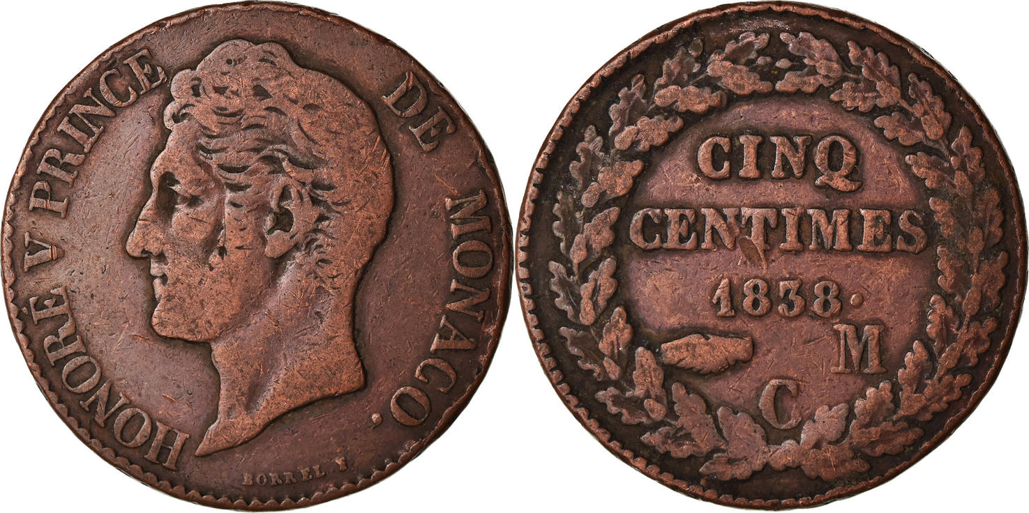 Monaco 5 Centimes, Cinq 1838 M Coin, Honore V, Copper VF(30-35) | MA-Shops