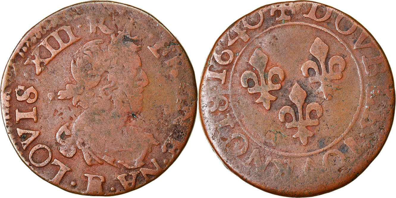France 1640 E Coin, Louis XIII, Double tournois, buste laurée et drapé ...