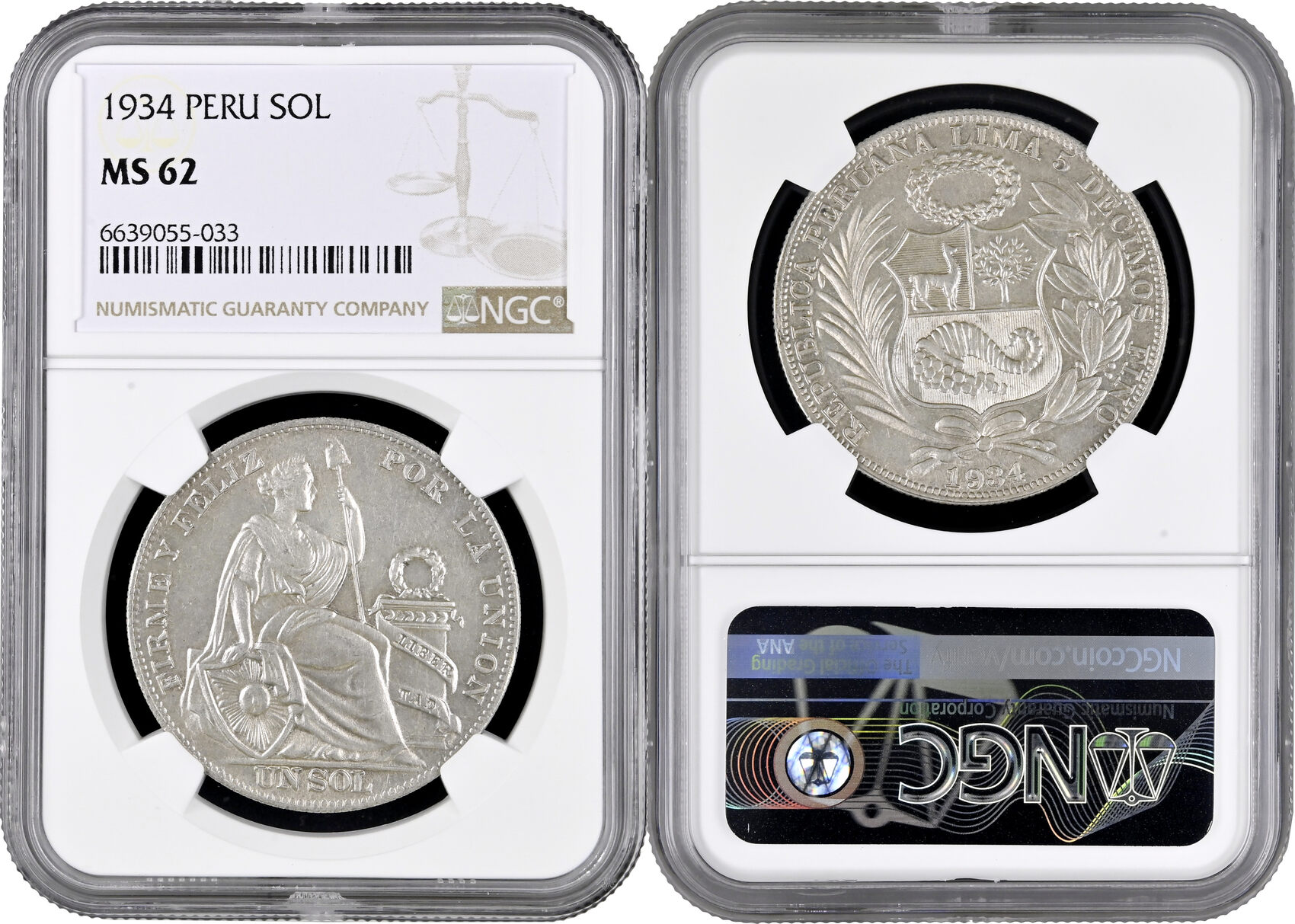 Peru 1 sol 1934, NGC MS62, Republic of Peru (1863 - 1917) Peru 1934, NGC MS62, Republic of Peru ...