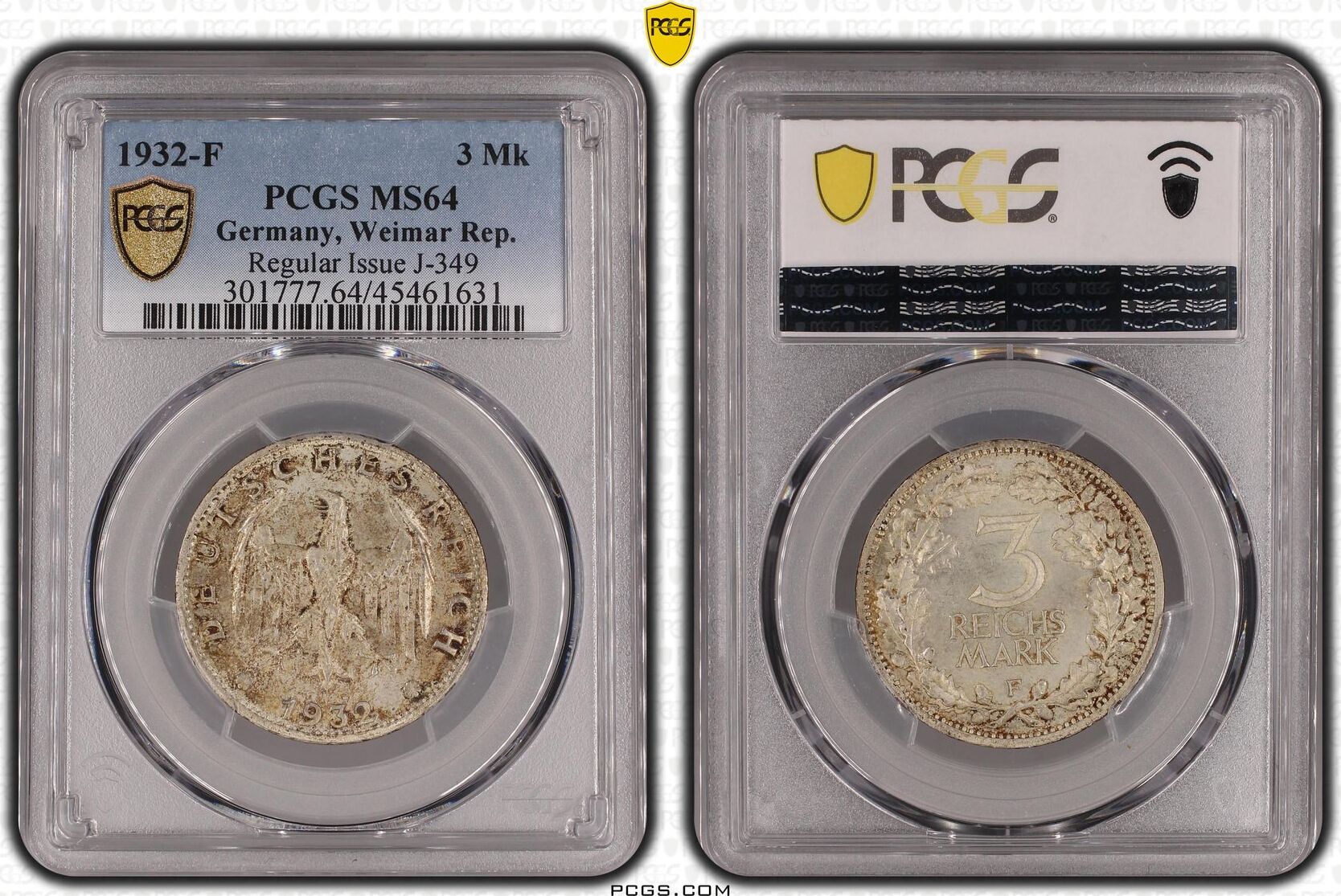 Germany, Weimar Rep. 1932-F 3 Mark Reichsmark 1932 F Kursmünze Jaeger ...