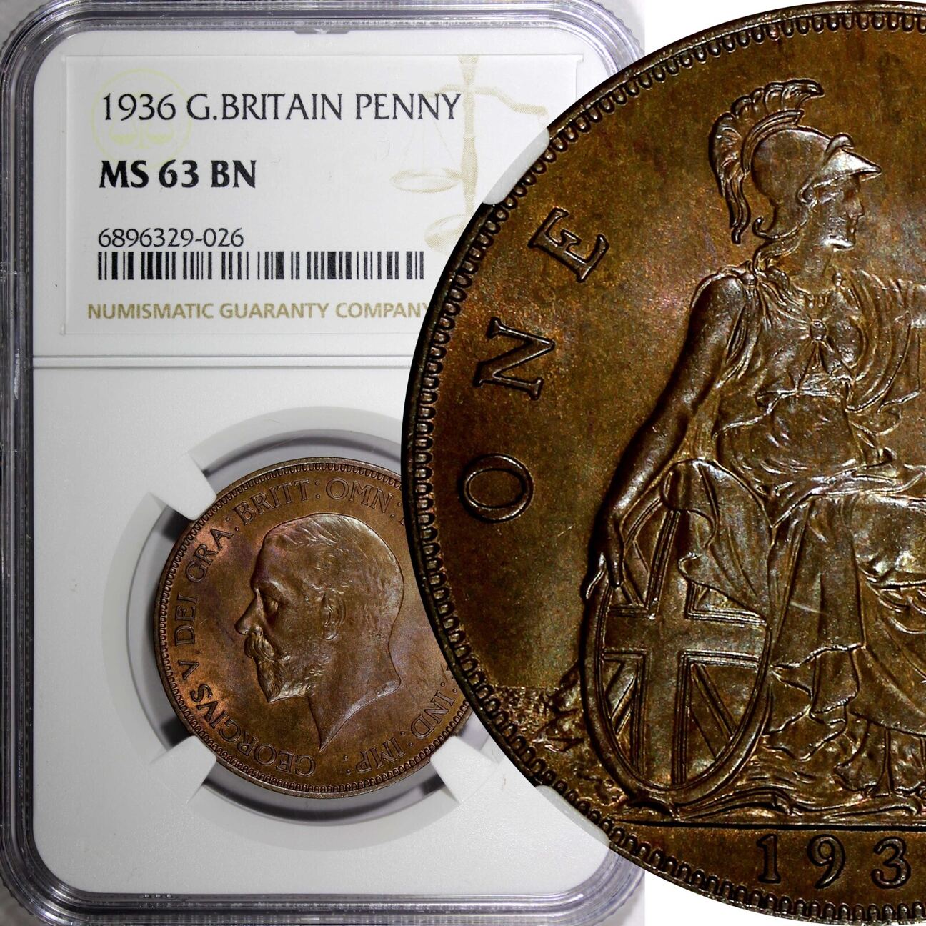 United Kingdom 1 Penny GREAT BRITAIN George V Bronze 1936 NGC MS63 BN NICE TONING KM# 838 (026 ...
