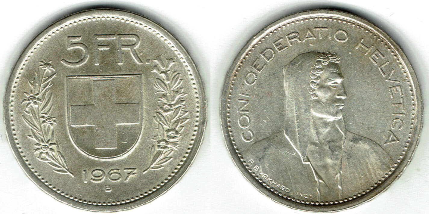 Schweiz Switzerland, silver coin, 5 Franken 1967, like scan AU | MA-Shops