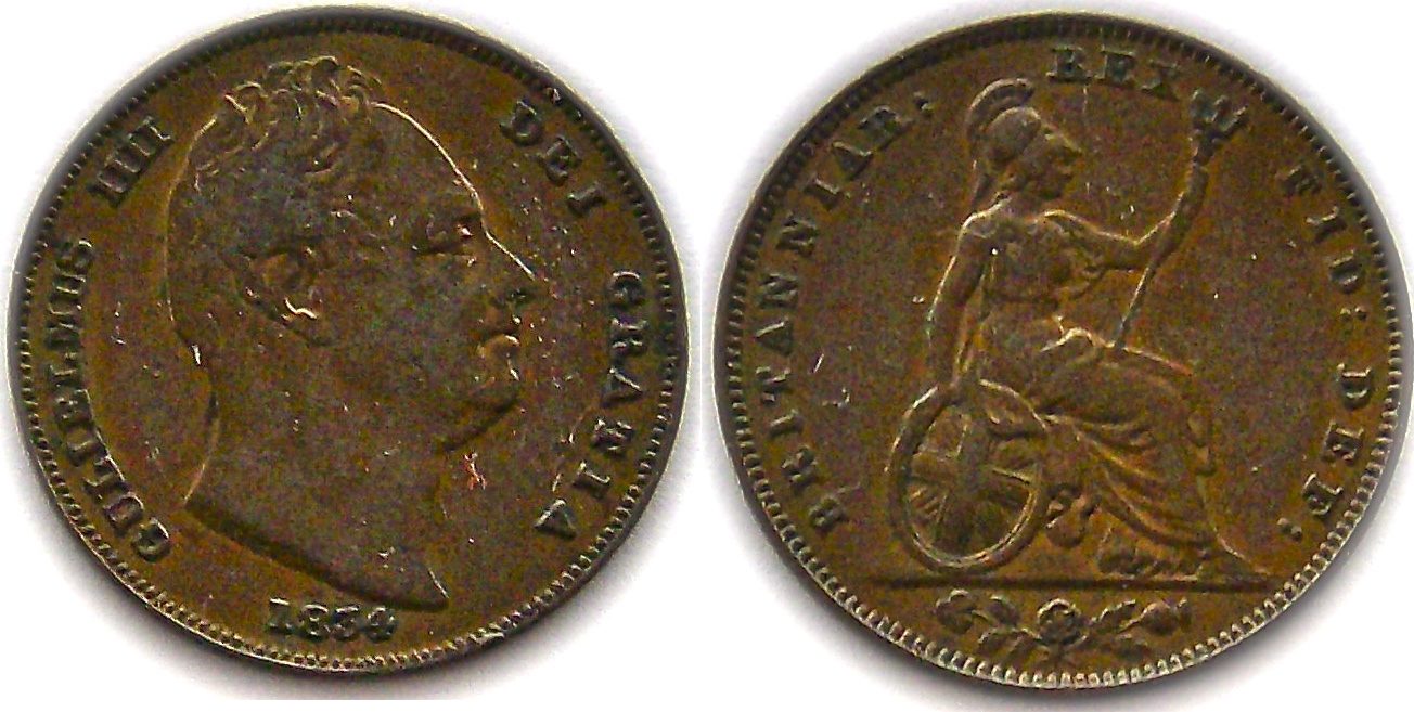 GREAT BRITAIN FARTHING 1834 WILLIAM IV VF / VERY FINE | MA-Shops