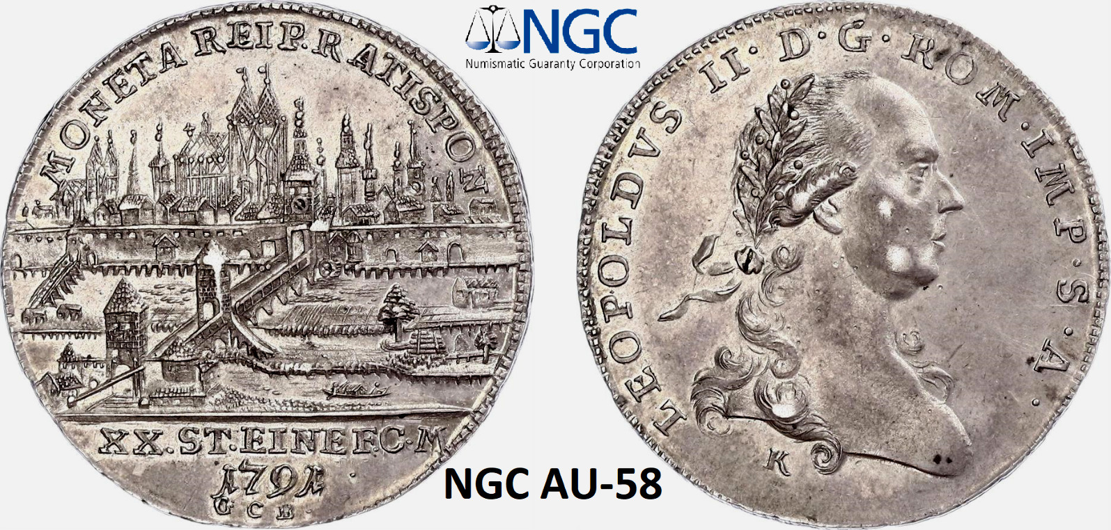 58 1/2 Thaler 1791 NGC Regensburg AU- Silver City View Coin Germany ...
