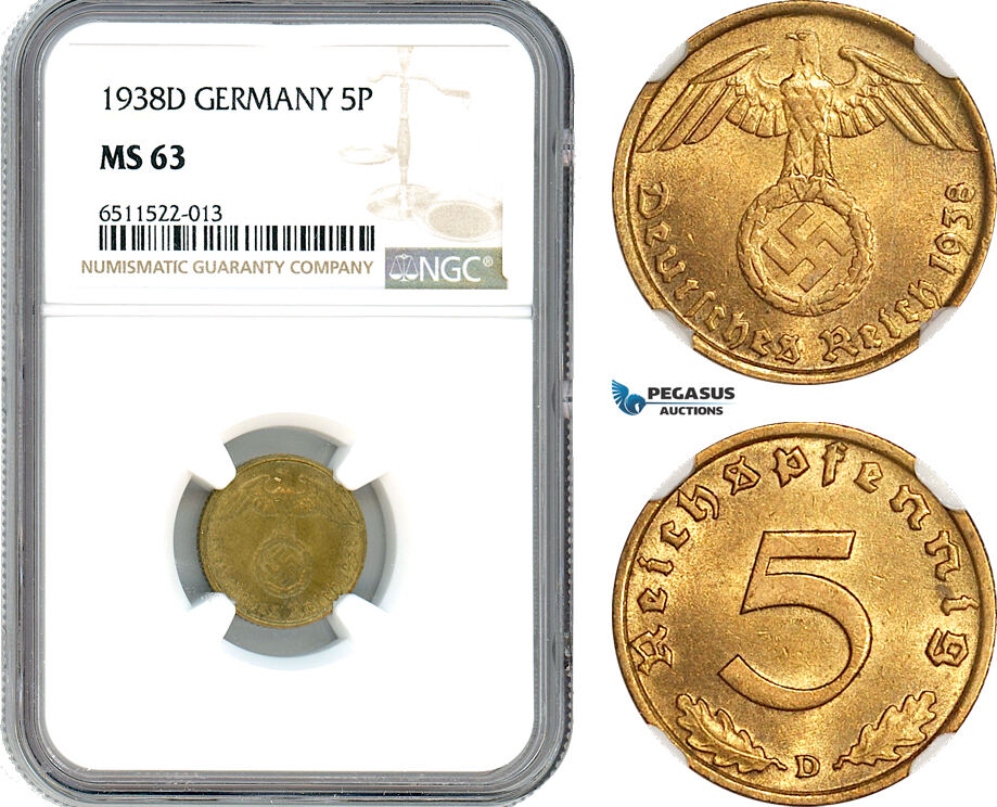 Germany, Third Reich 5 Reichspfennig 1938 NGC MS63 | MA-Shops