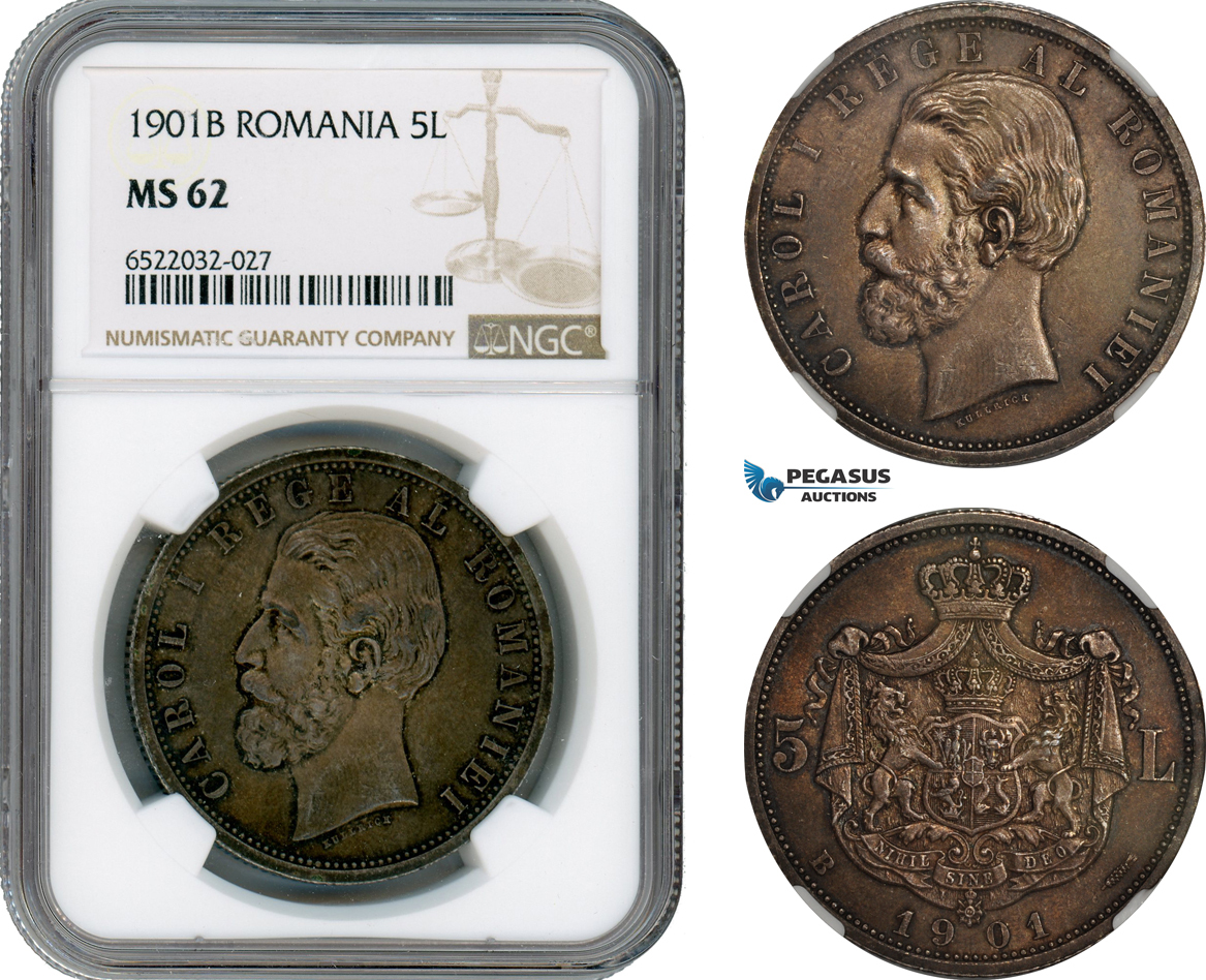 Romania 5 Lei 1901 NGC MS62 | MA-Shops