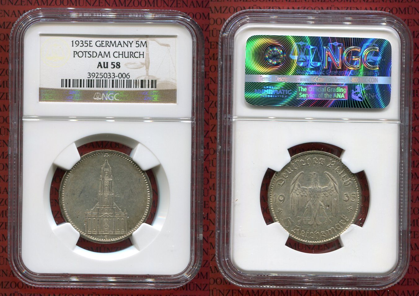 III. Reich 5 Reichsmark 1935 E Garnisonkirche Potsdam NGC Holder AU 58 | MA-Shops