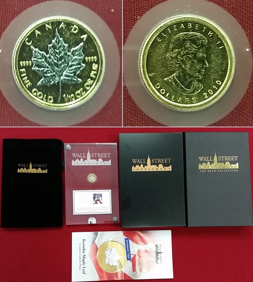 Kanada 5 Dollar 1/10 Unze Gold 2010 Maple Leaf Goldmünze teilplatiniert Wallstreet Investment ...