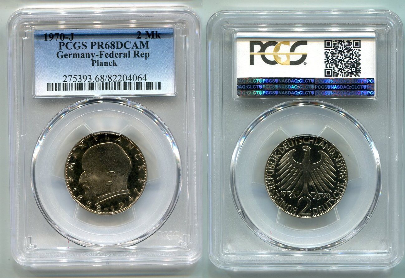 Bundesrepublik Deutschland 2 DM Max Planck BRD 2 D-Mark Max Planck 1970 J PCGS PR 68 DCAM | MA-Shops