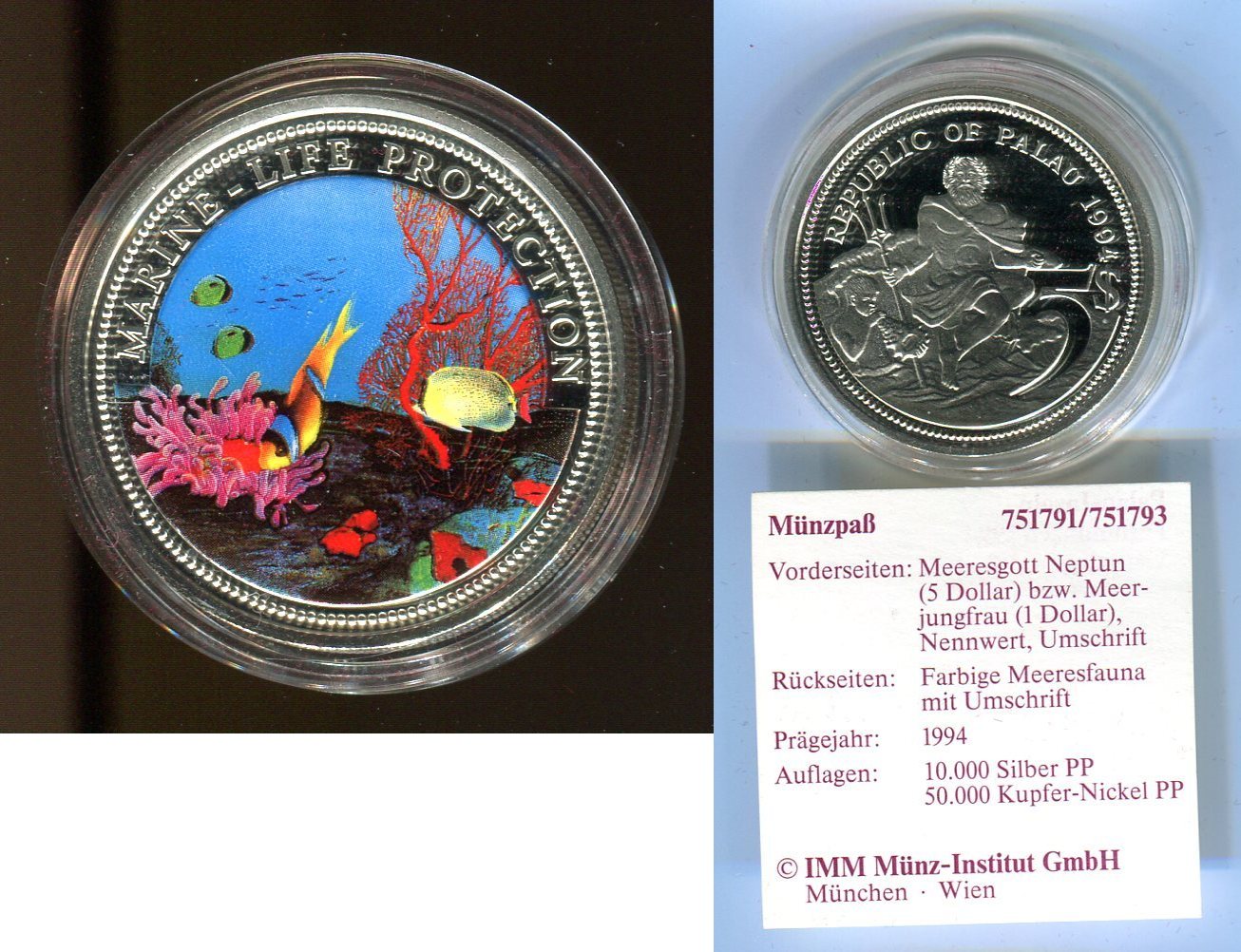 Palau 5 Dollar Farbmünze 1994 Marine Life Protection, Riff Meeresgott Neptun, Meeresfauna Proof ...