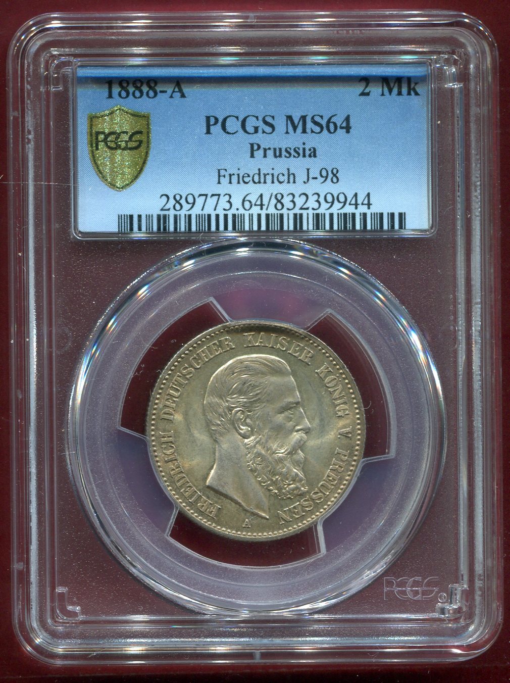 Preußen Germany 2 Mark 1888 A Friedrich III. Nice Toning PCGS Holder MS ...