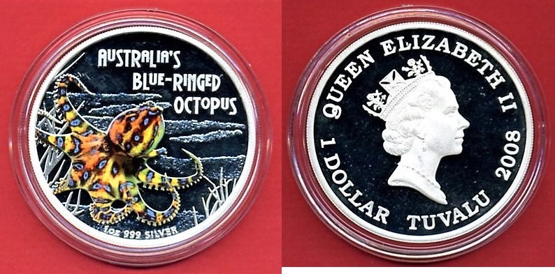 Tuvalu 1 Dollar - 1 Unze Silber 2008 Australians Blue Ringed Octopus ...