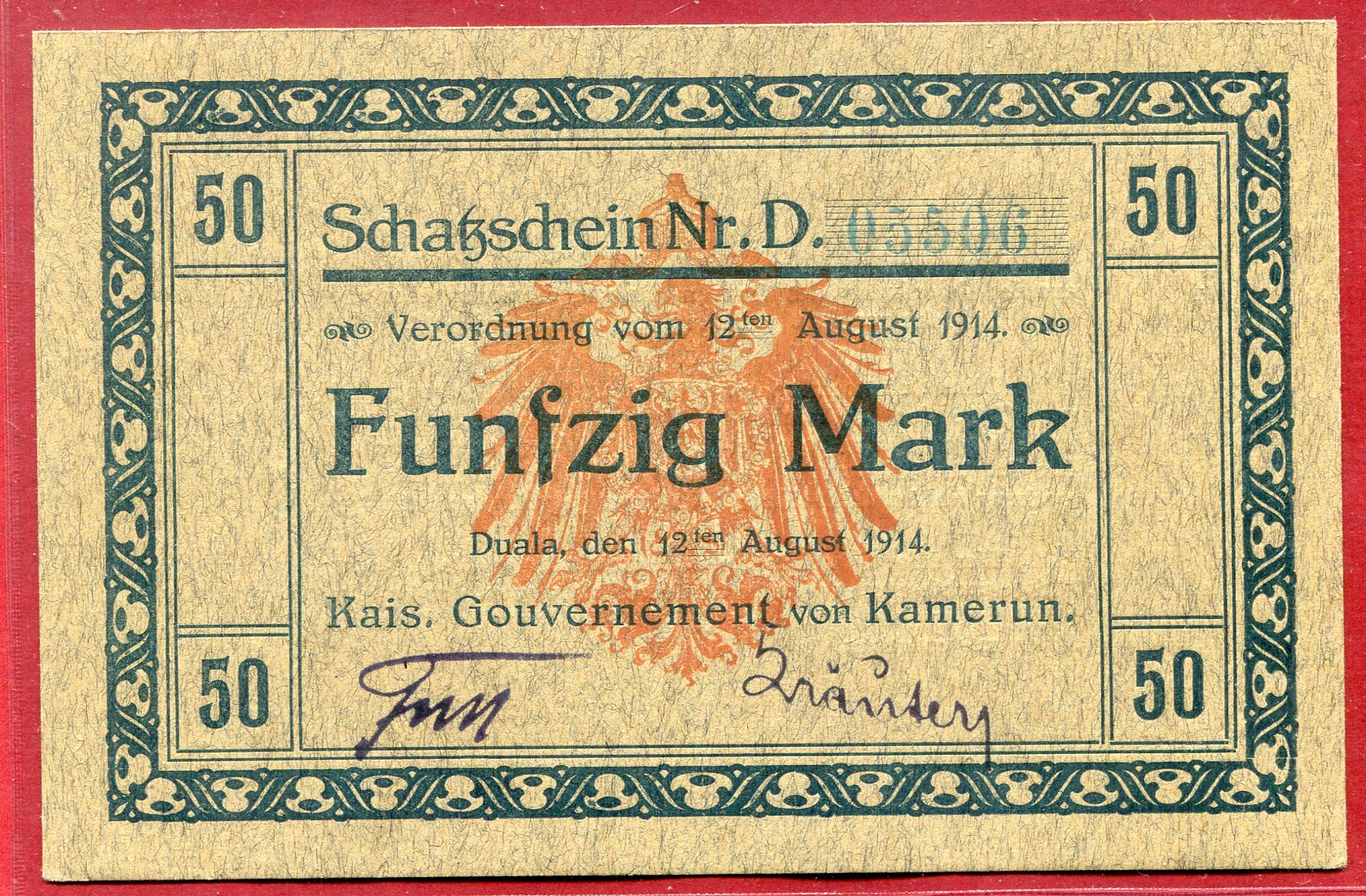 German Colonies Kolonien Kamerun 50 Mark 12. August 1914 Schatzschein ...