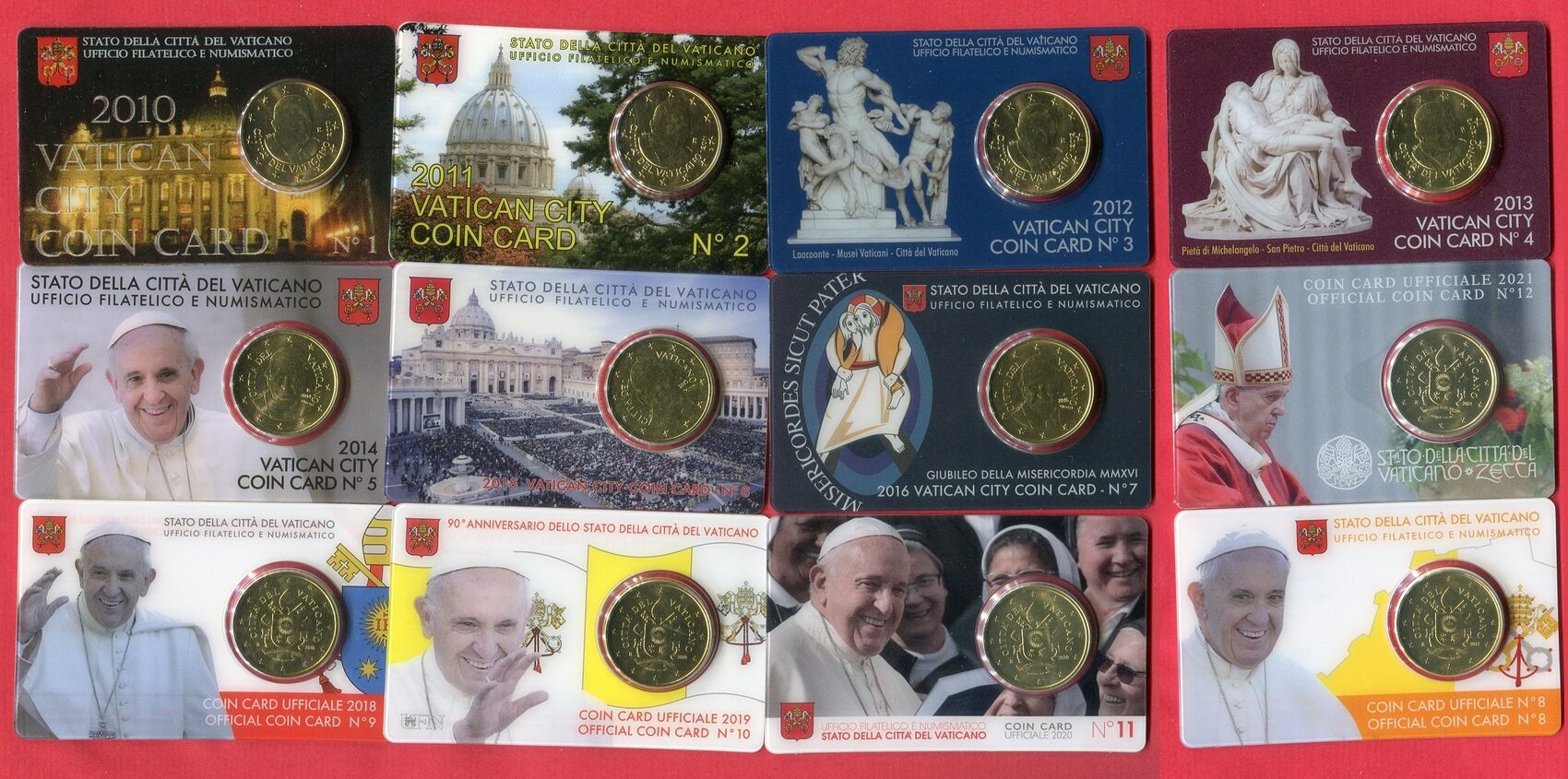 Vatikan 12 x 50 Cents Kursmünzen 2010-2021 Papst Johannes Paul II., Benedikt XVI. & Franziskus ...