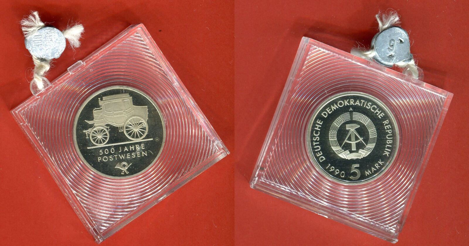 DDR 5 Mark Cu/Ni Gedenkmünze 1990 500 Jahre Postwesen PP Proof sealed ...