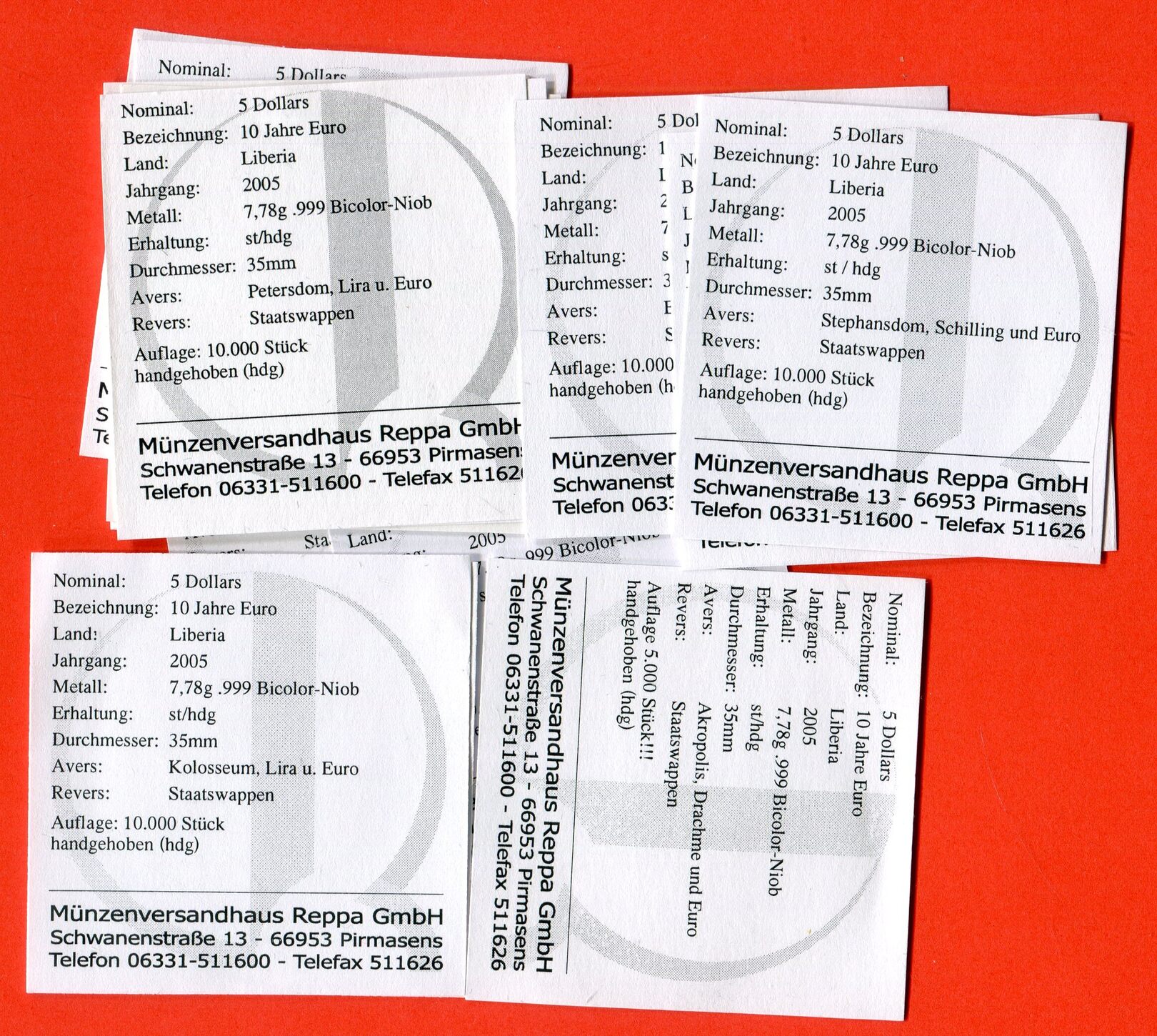 Liberia 15 x 5 Dollars Niob mit Goldapplikationen 2005 10 Jahre Euro Jubiläum - 1. Serie ...