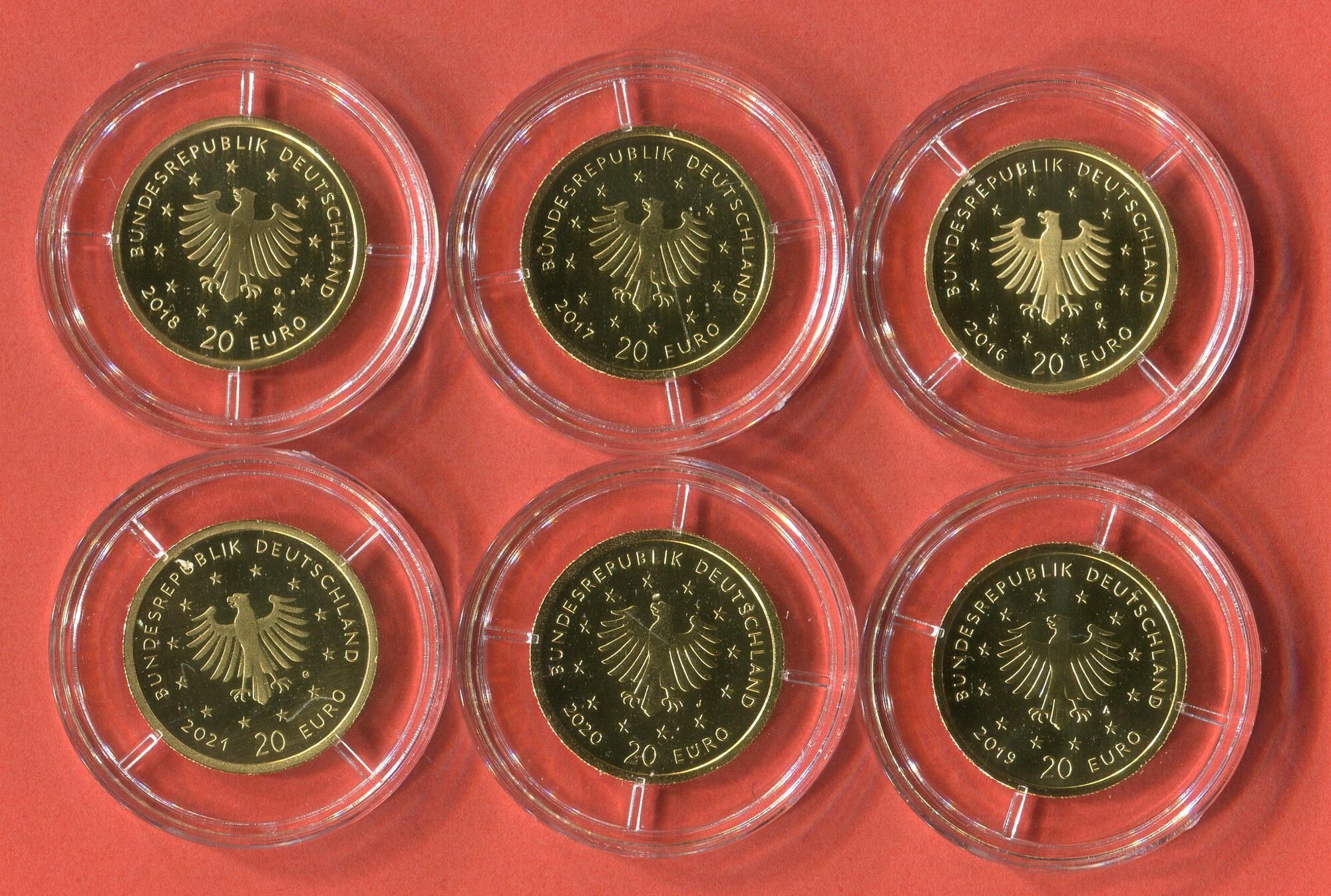 Deutschland BRD 6 x 20 Euro Goldmünzen a 1/8 Unze 2016 - 2021 Heimische ...