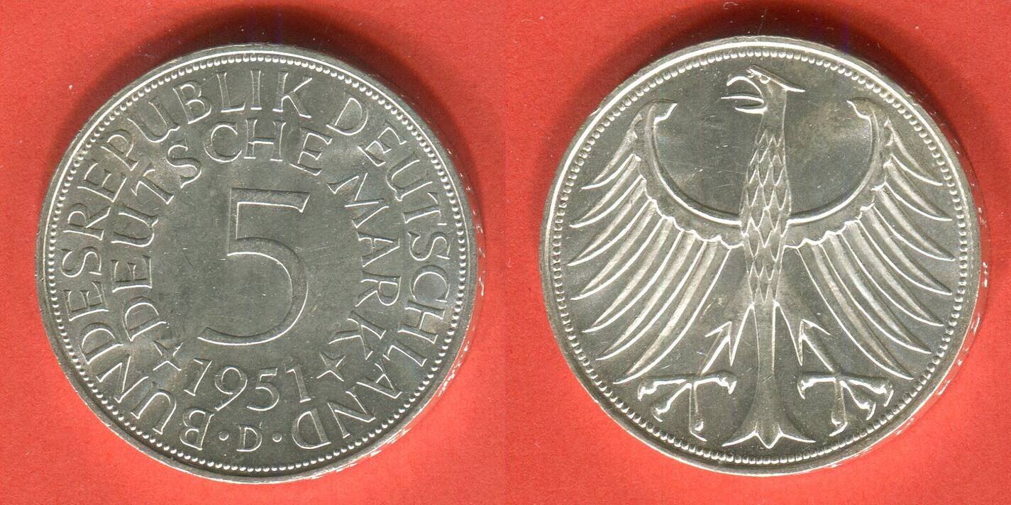 Deutschland, BRD 5 DM Kursmünze 1951 D Silberadler - Fünf Mark au/unc ...
