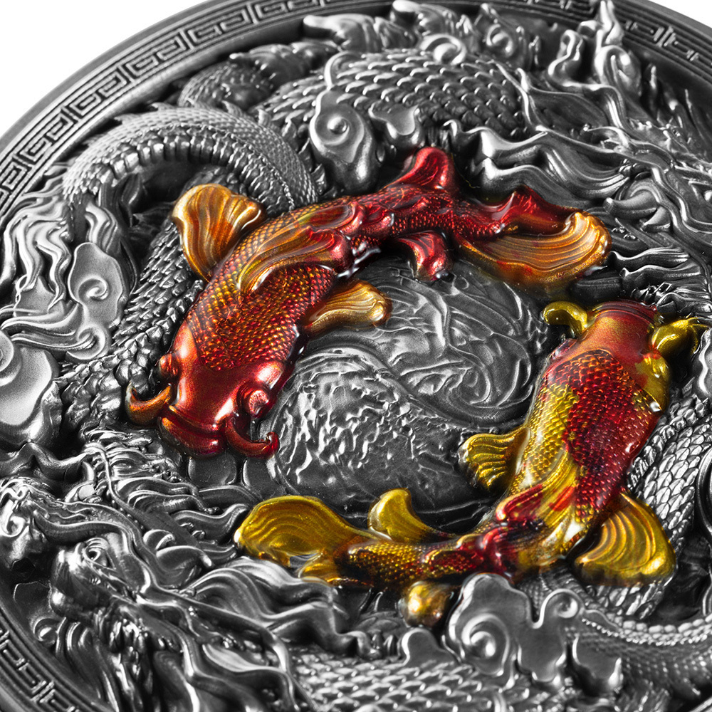 KOI AND DRAGONS 2 Oz Silver Coin 10000 Francs Chad 2023 Antique Finish ...