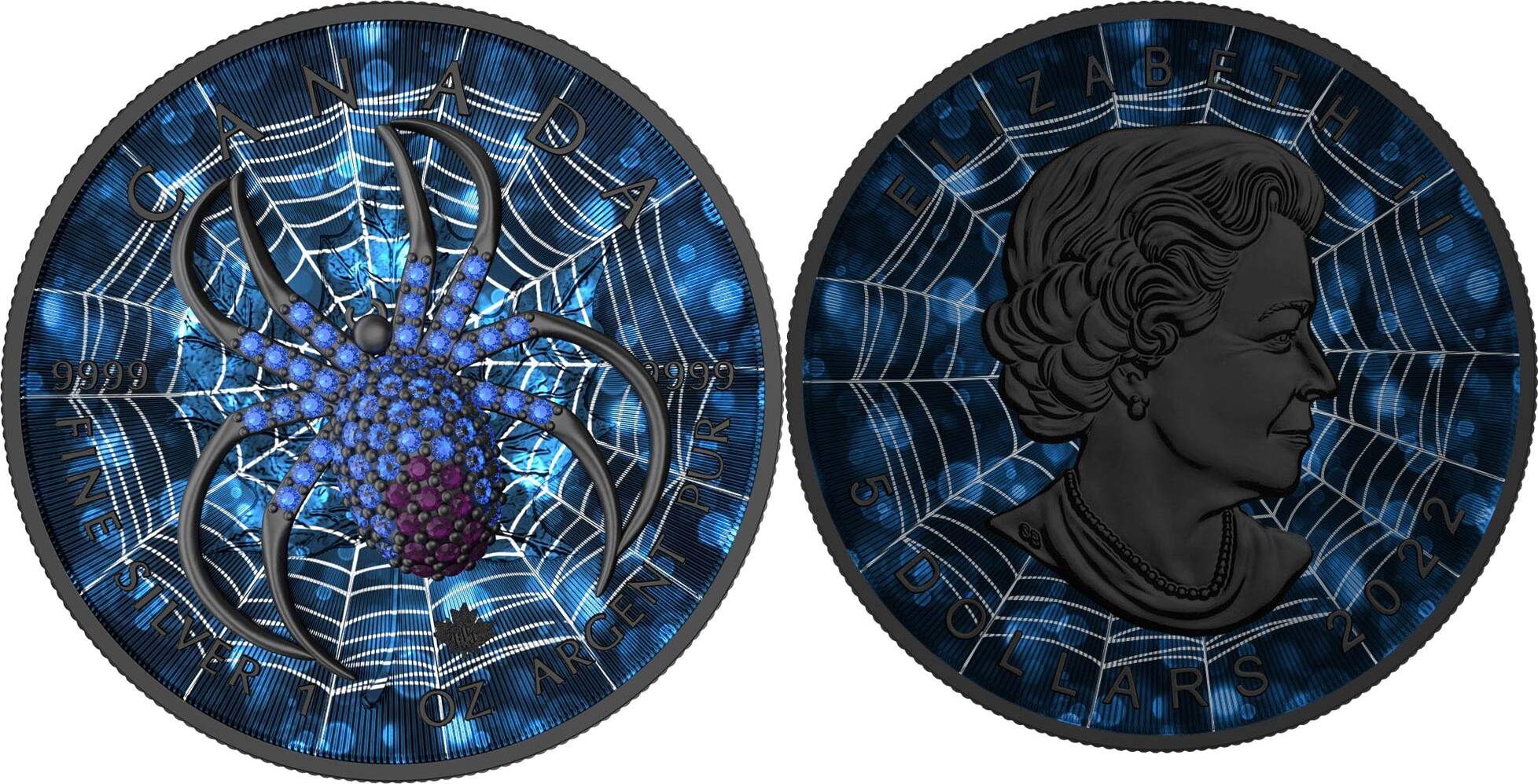 5 Dollars DARK BLUE SPIDER Bejeweled Maple Leaf 1 Oz Silver Coin 5 ...