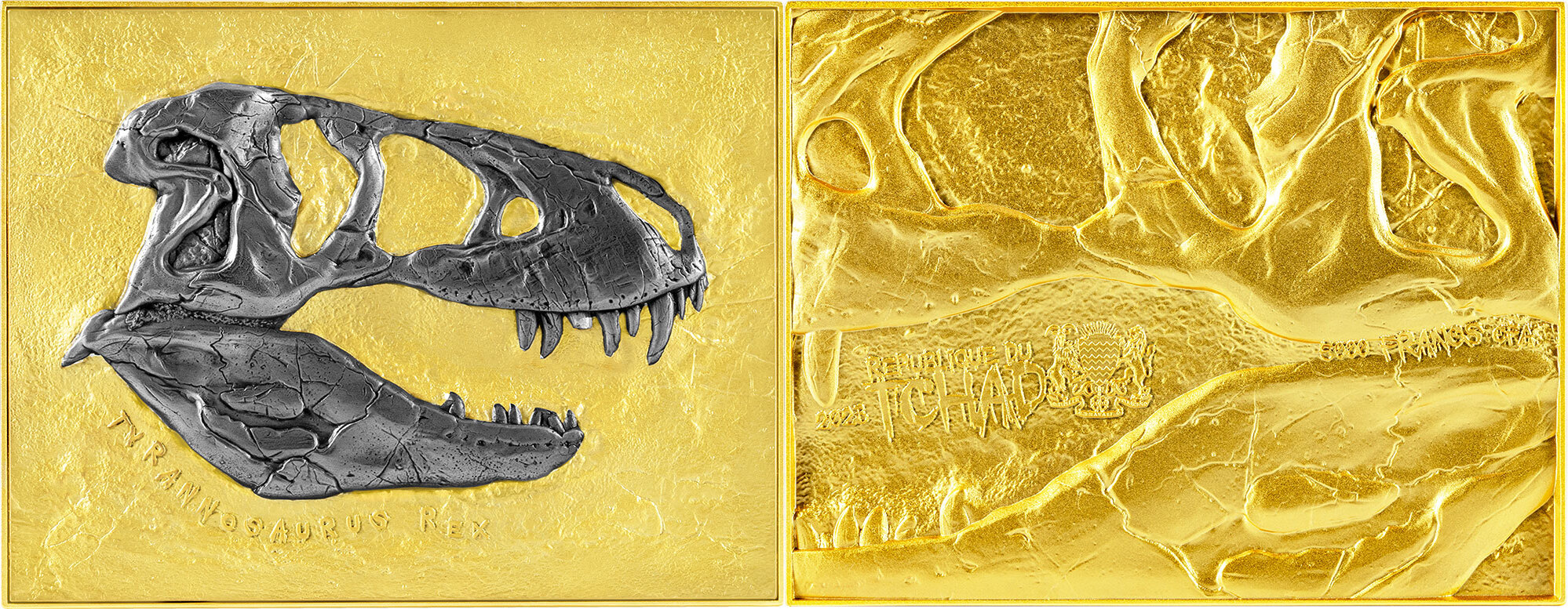 TYRANNOSAURUS REX FOSSIL Gilded 1 Oz Silver Coin 5000 Francs Chad 2023 ...