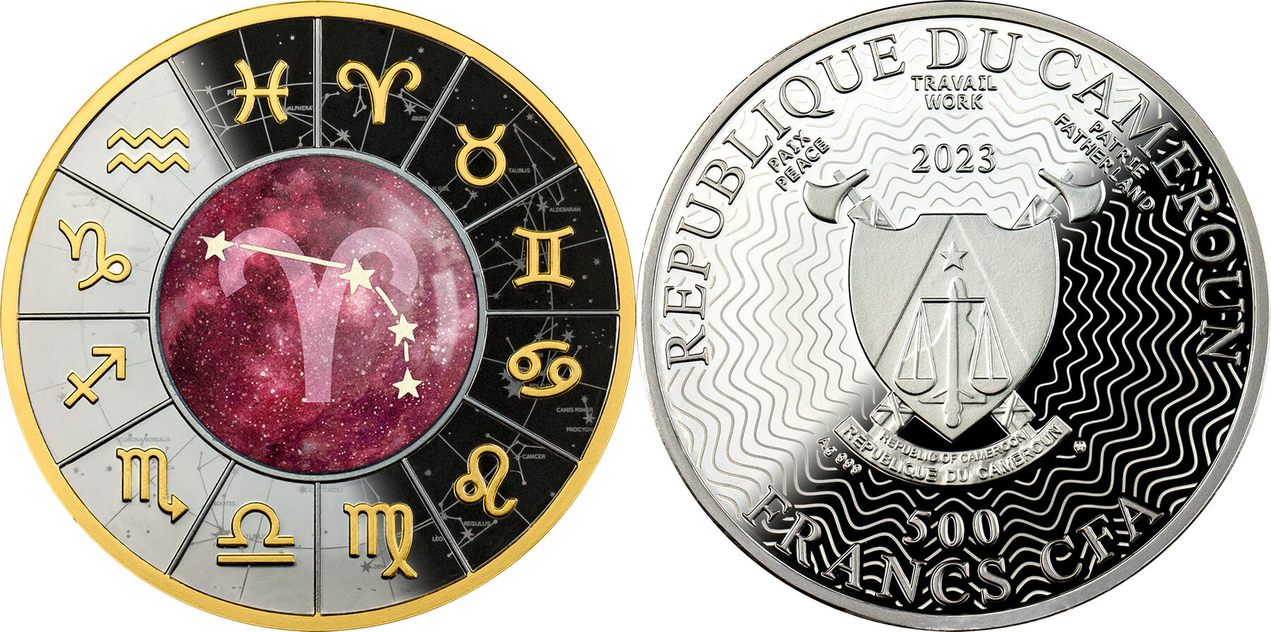 ARIES Symbolic Power of Astrology Silver Coin 500 Francs Cameroon 2023 ...