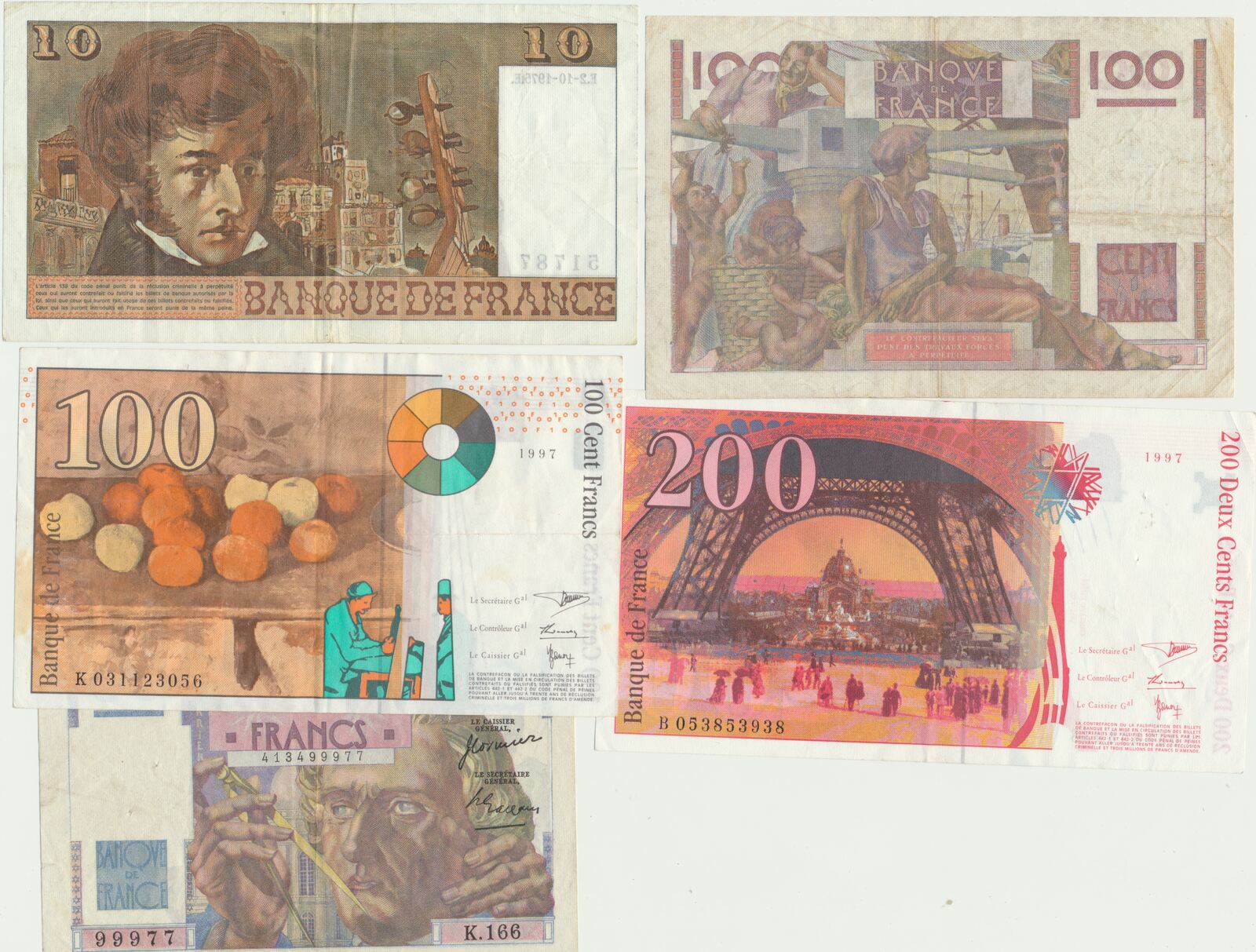 Frankreich Lot Banknoten 5 Stück 10,50,2x100,200 Francs 1950,75 und ...