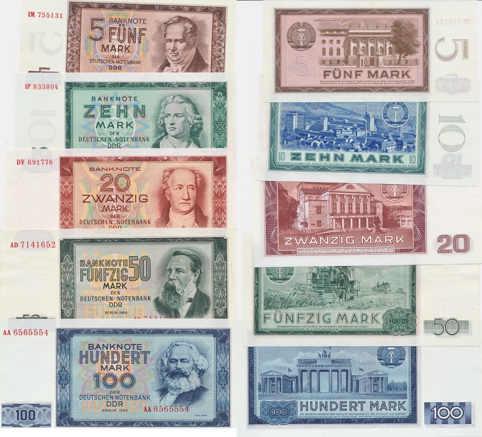 Deutschland DDR 5,10,20,50,100 Mark 1964 Notenbanknoten, 5x Scheine ...