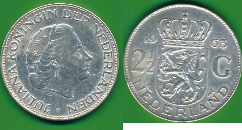 Niederlande 2½ Gulden 1963 720er Silbermünze (1948-1980) - Kursmünze EF ...
