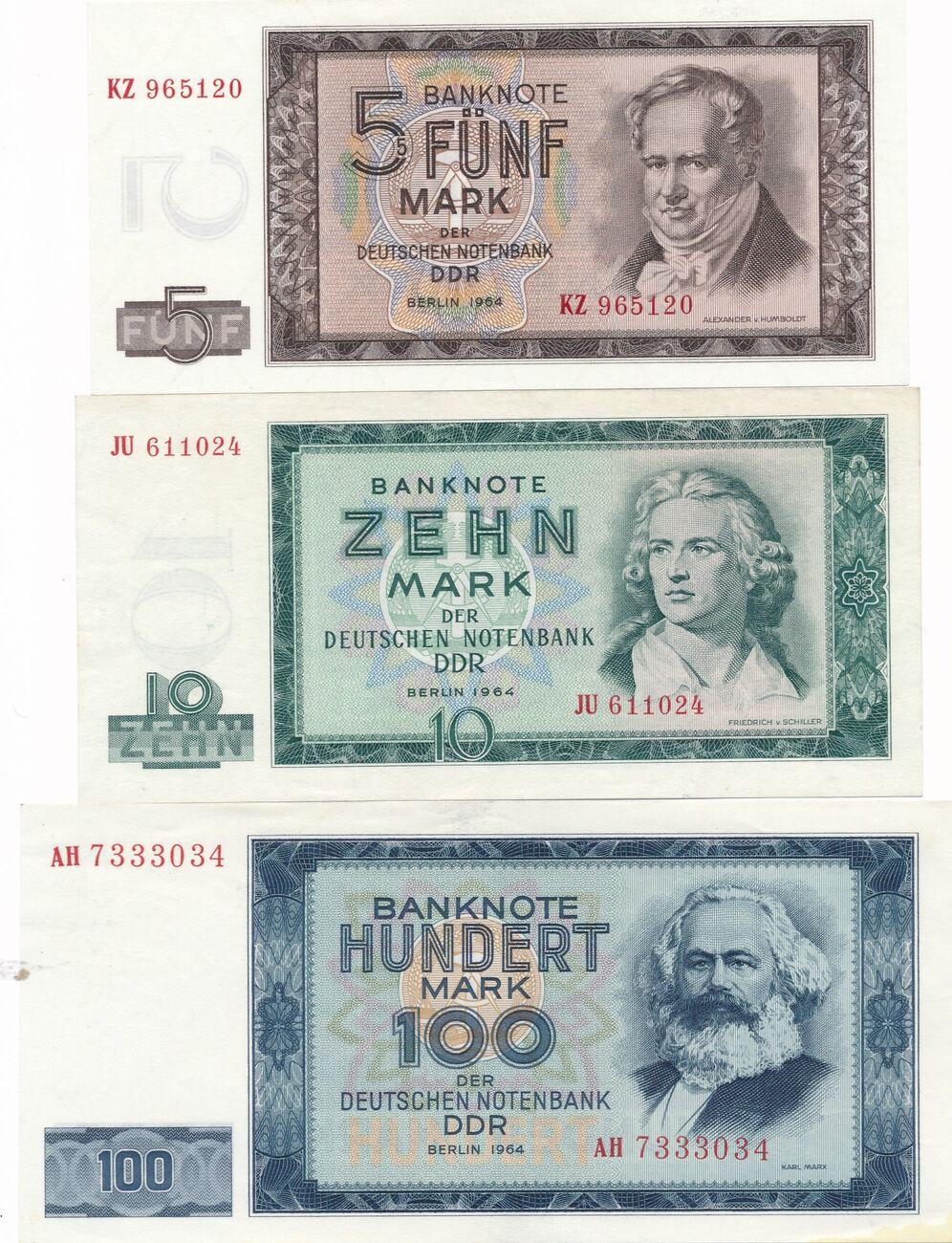 Deutschland DDR 5, 10, 20, 50, 100 Mark, 5 Scheine 1964 5x Banknoten I ...